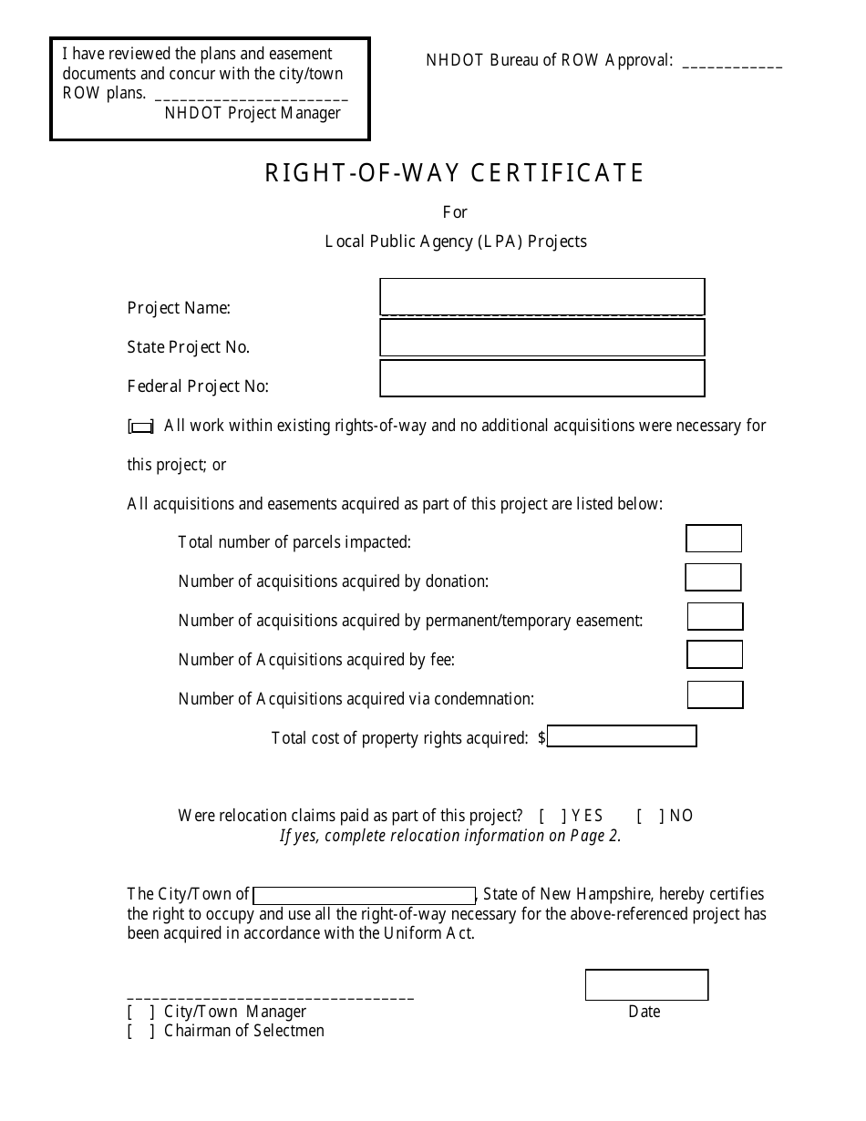 New Hampshire Right-Of-Way Certificate for Local Public Agency (Lpa ...