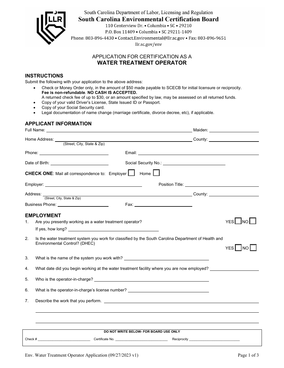 South Carolina Application for Certification as a Water Treatment Operator Download Fillable PDF ...