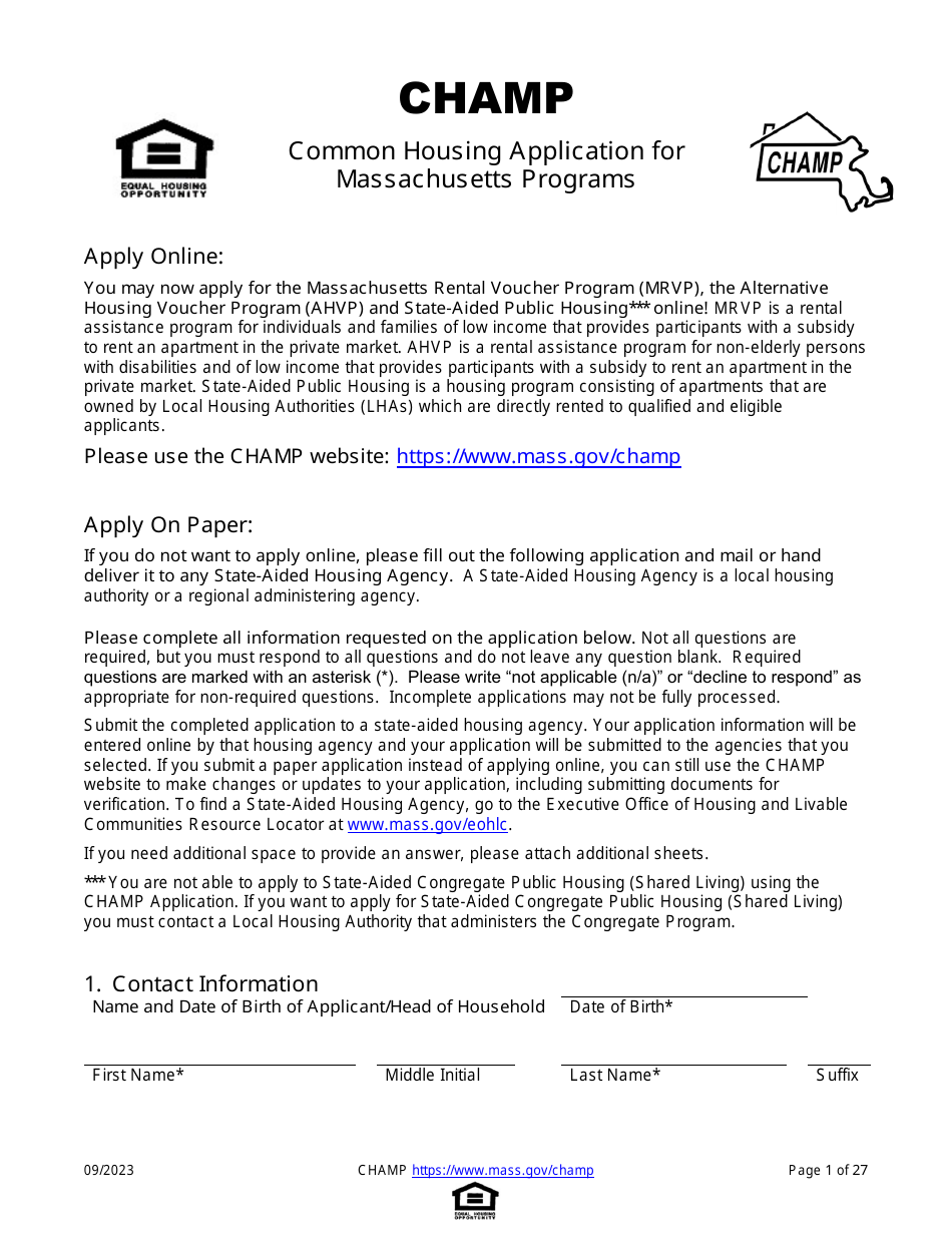 Massachusetts Common Housing Application for Massachusetts Programs ...