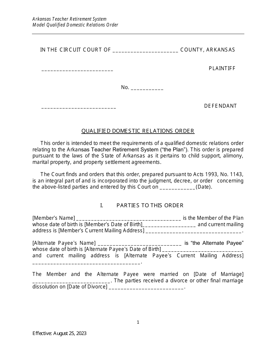 Arkansas Model Qualified Domestic Relations Order Fill Out Sign
