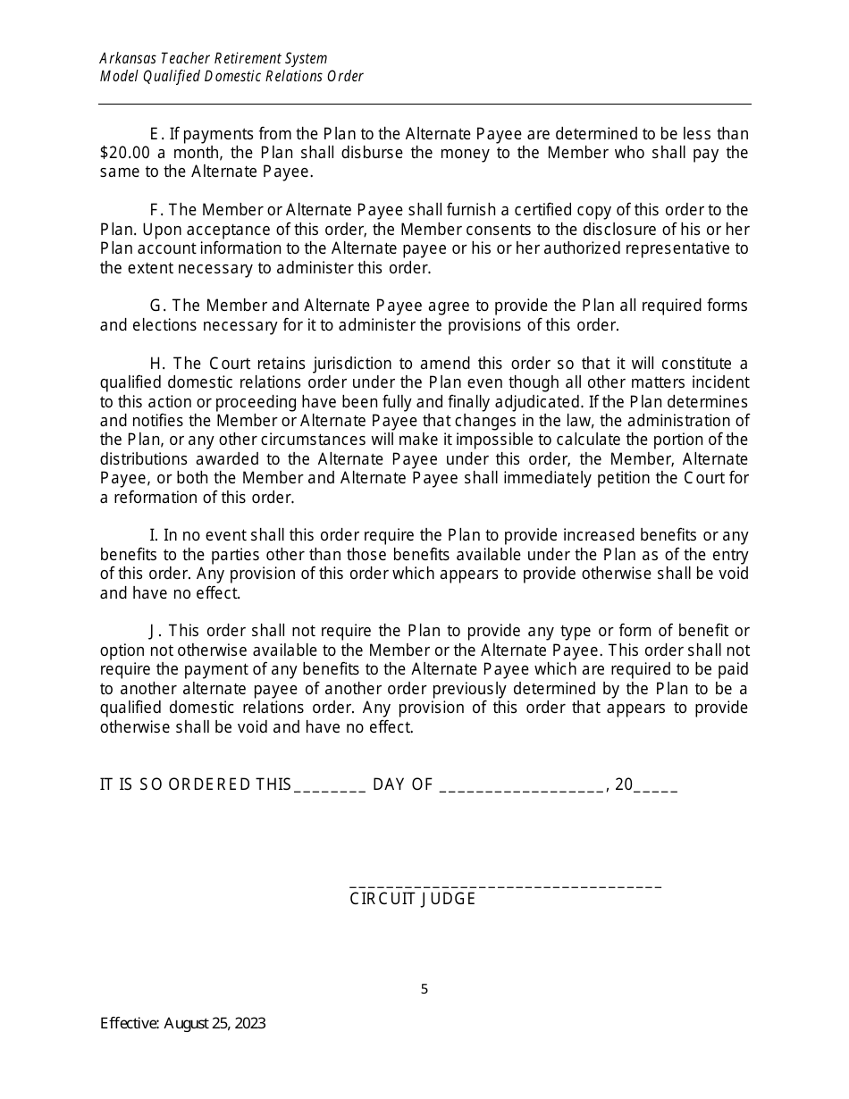 Arkansas Model Qualified Domestic Relations Order Fill Out Sign