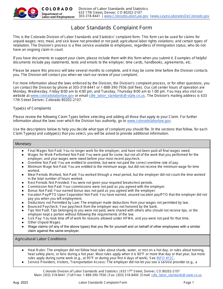 Colorado Labor Standards Complaint Form Download Fillable PDF 2022 ...
