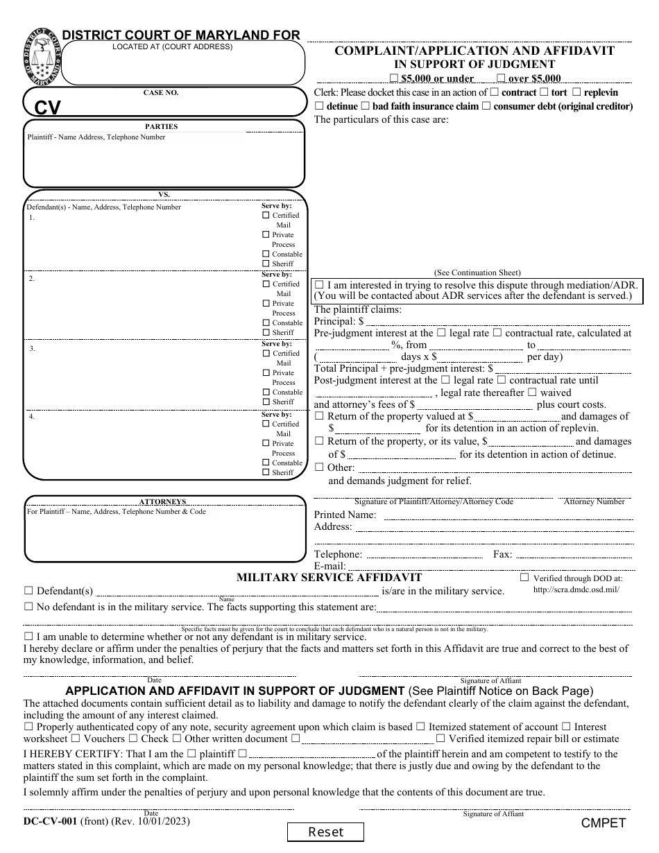 Form DC-CV-001 Download Fillable PDF or Fill Online Complaint ...