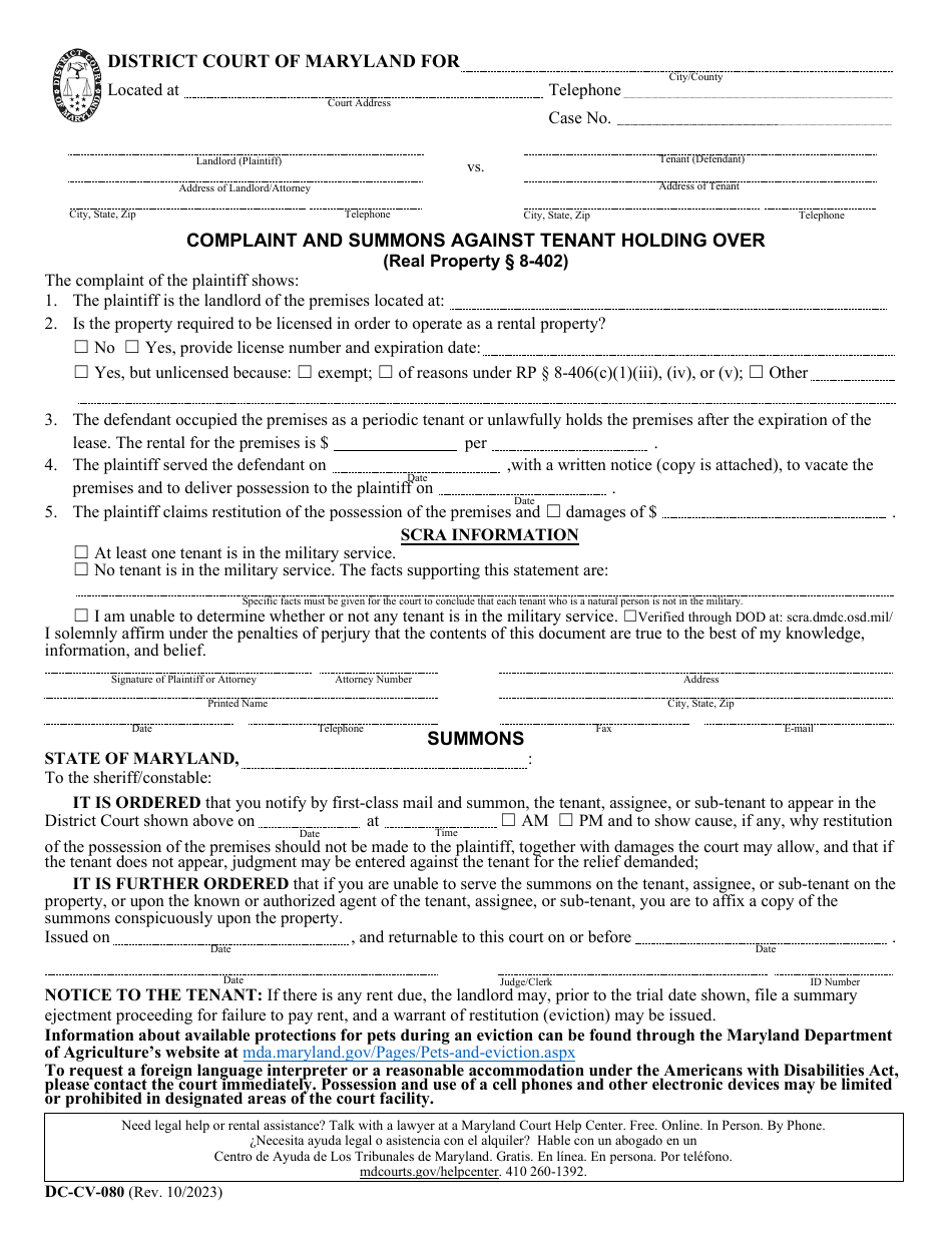 Form DC-CV-080 Download Fillable PDF or Fill Online Complaint and ...