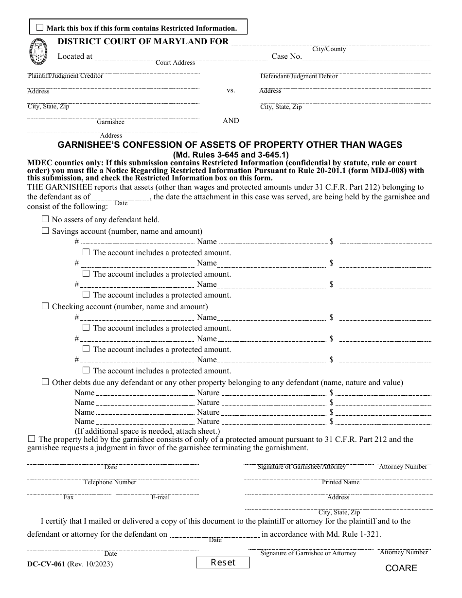 Form DC-CV-061 Download Fillable PDF or Fill Online Garnishee's ...
