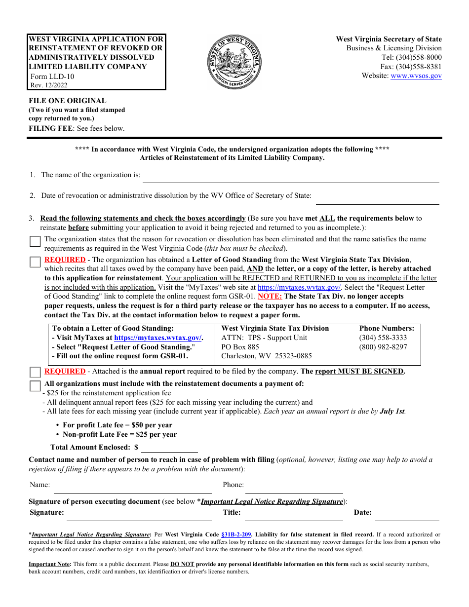 Form LLD-10 - Fill Out, Sign Online and Download Fillable PDF, West Virginia | Templateroller
