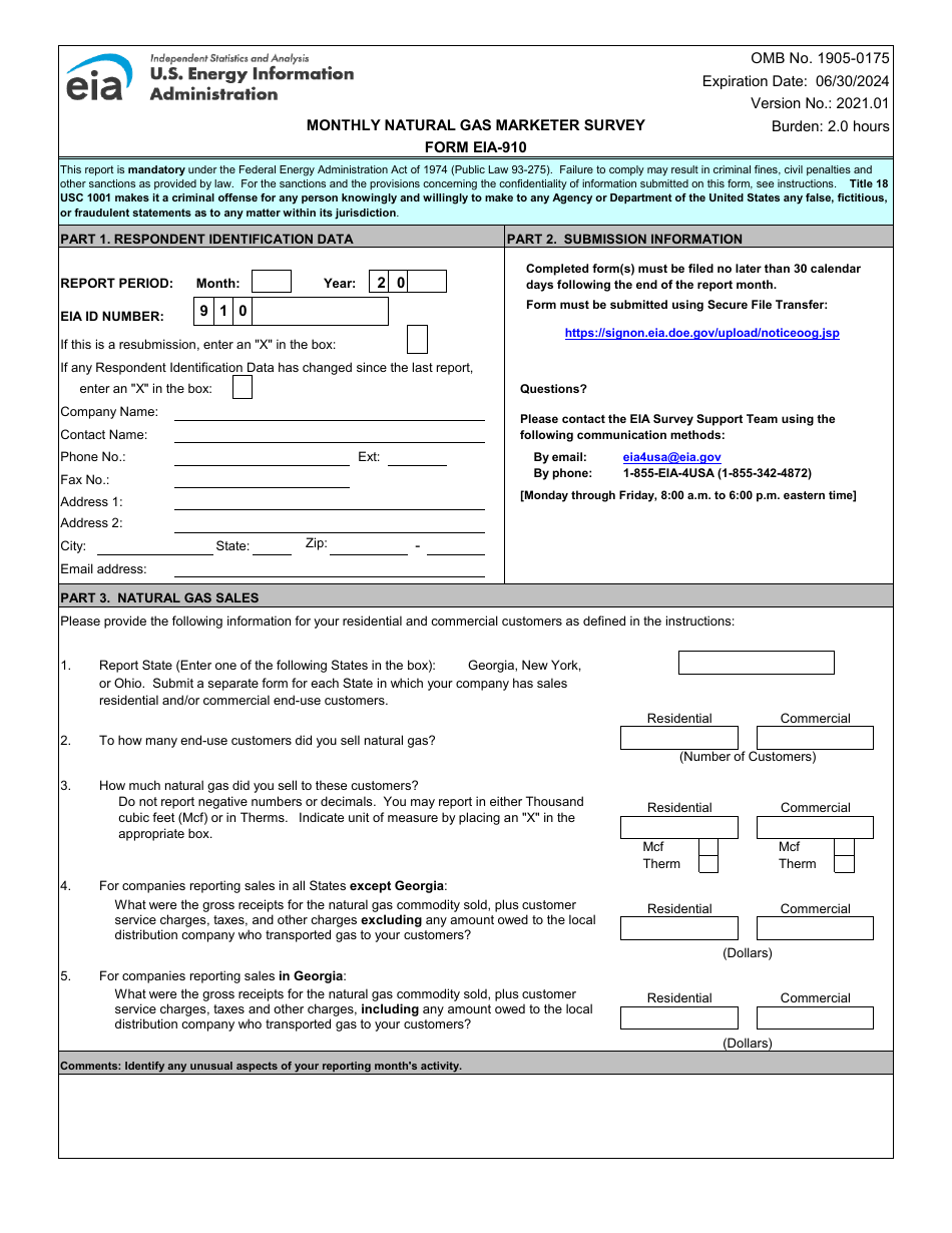 Form EIA-910 Download Printable PDF or Fill Online Monthly Natural Gas ...