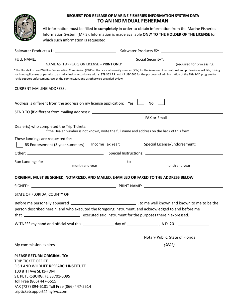 Florida Request for Release of Marine Fisheries Information System Data ...