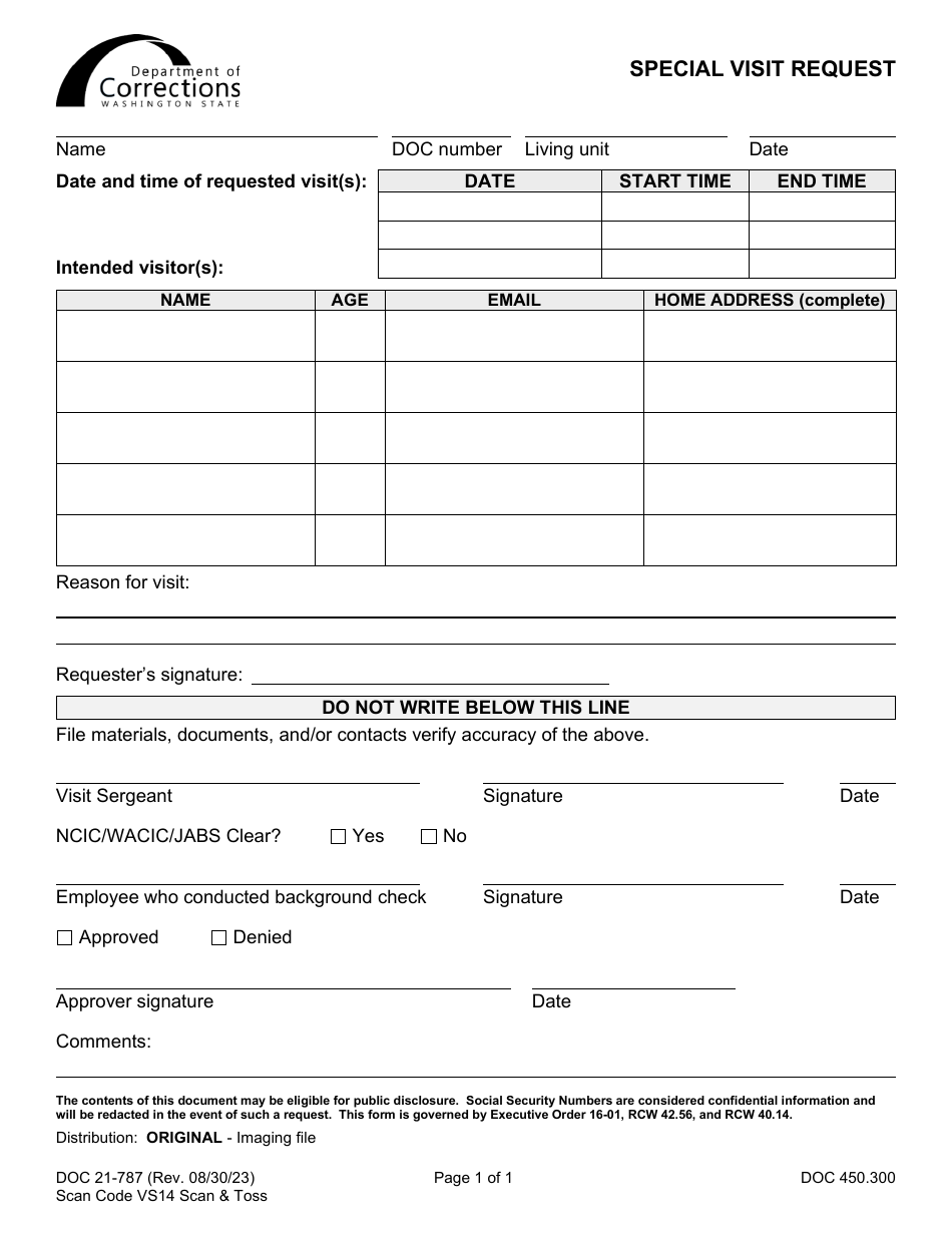 Form DOC21-787 Download Printable PDF or Fill Online Special Visit ...