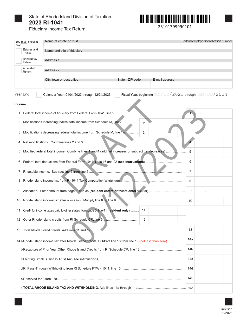 Form RI-1041 Download Printable PDF or Fill Online Fiduciary Income Tax Return - Draft - 2023 ...