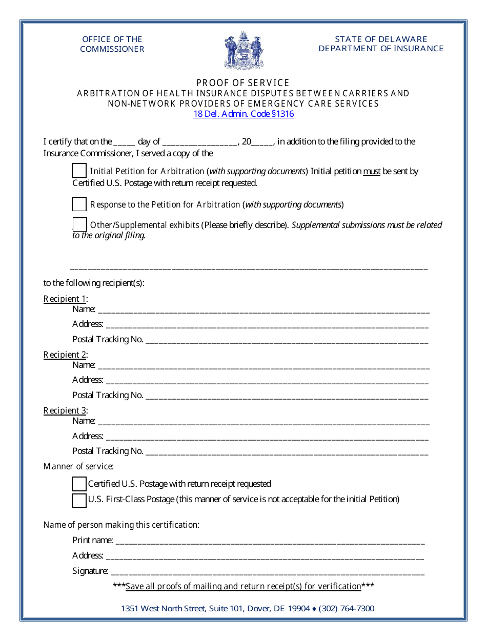 Delaware Proof of Service Arbitration of Health Insurance Disputes ...