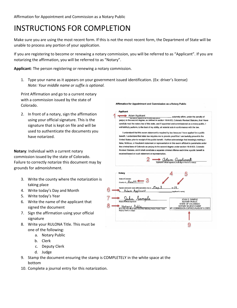 Colorado Affirmation for Appointment and Commission as a Notary Public ...