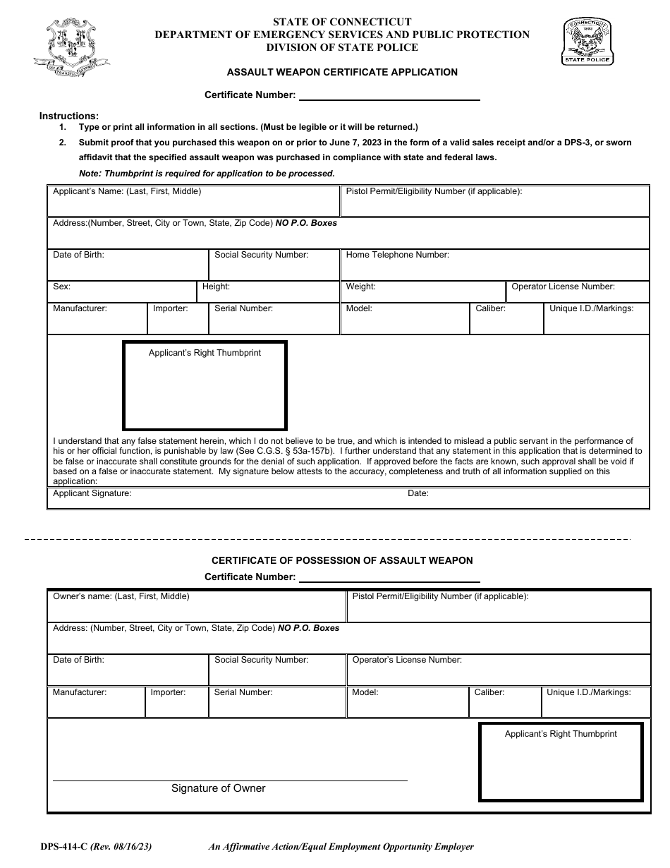 Form DPS-414-C Download Fillable PDF or Fill Online Assault Weapon ...