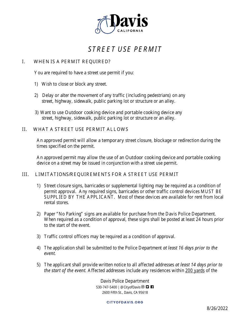 City of Davis, California Street Use Permit Application - Fill Out ...