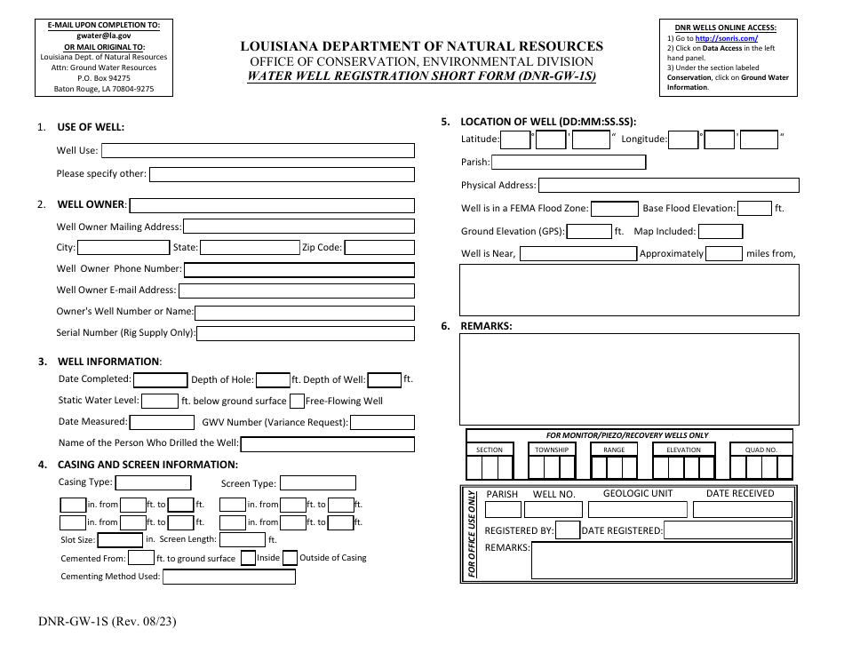 Form DNR-GW-1S Download Fillable PDF or Fill Online Water Well ...