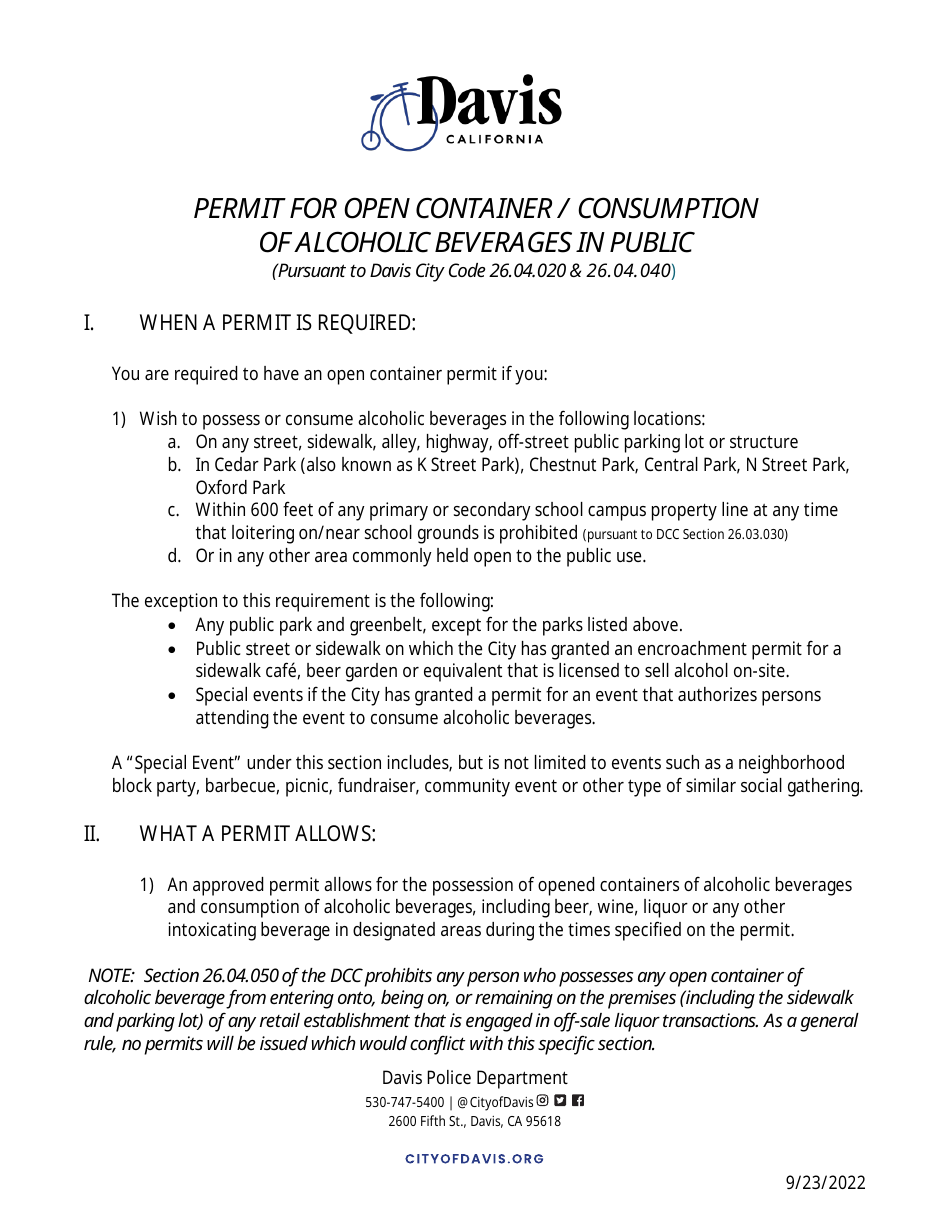 City of Davis, California Permit for Open Container/Consumption of ...