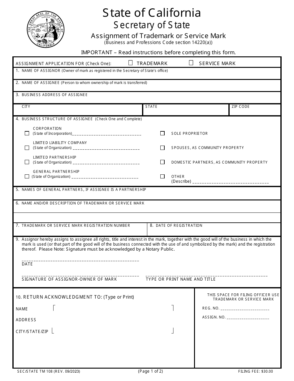 Form TM108 Download Printable PDF or Fill Online Assignment of ...