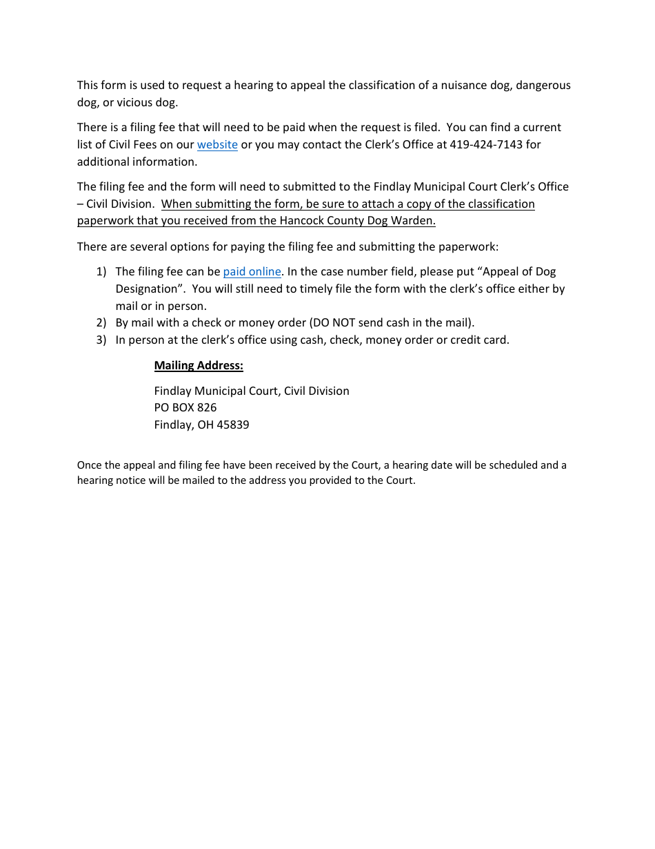 City of Findlay, Ohio Request for Hearing to Appeal the Classification ...