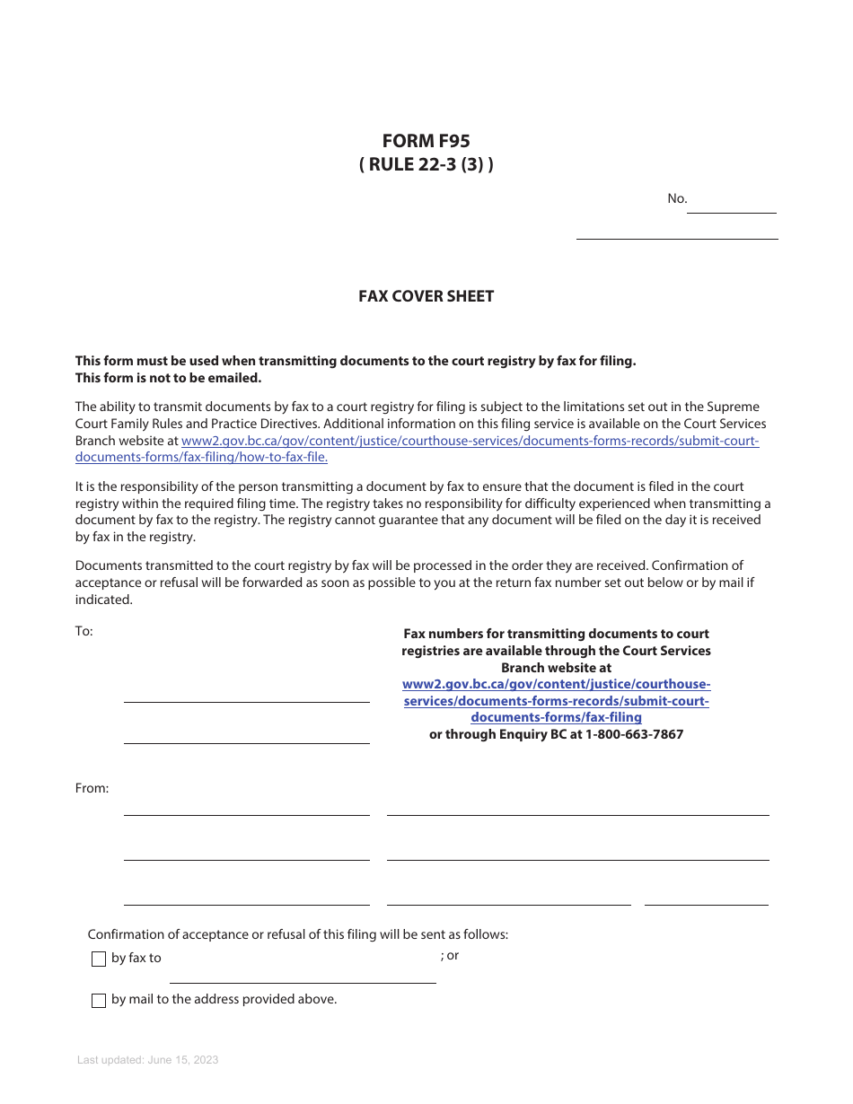 Form F95 Download Fillable PDF or Fill Online Fax Cover Sheet, British ...