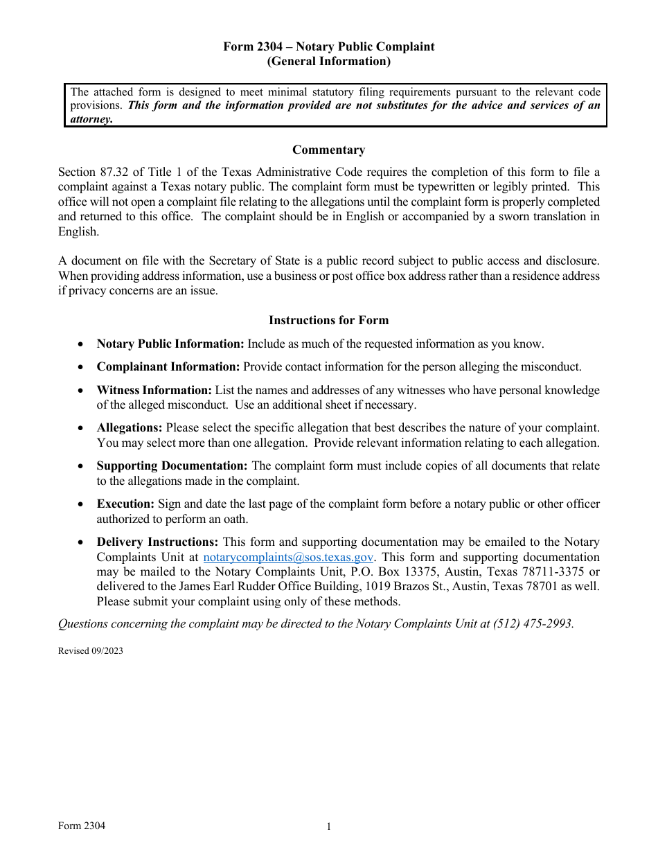 Form 2304 Download Fillable PDF or Fill Online Notary Public Complaint ...