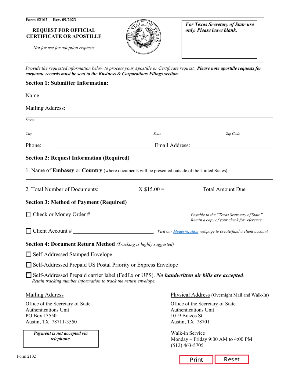 Form 2102 Download Fillable PDF or Fill Online Request for Official ...