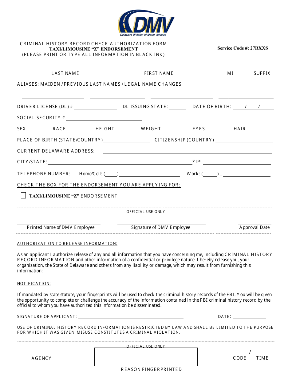 Delaware Criminal History Record Check Authorization Form - Taxi/Limousine Z Endorsement - Fill ...