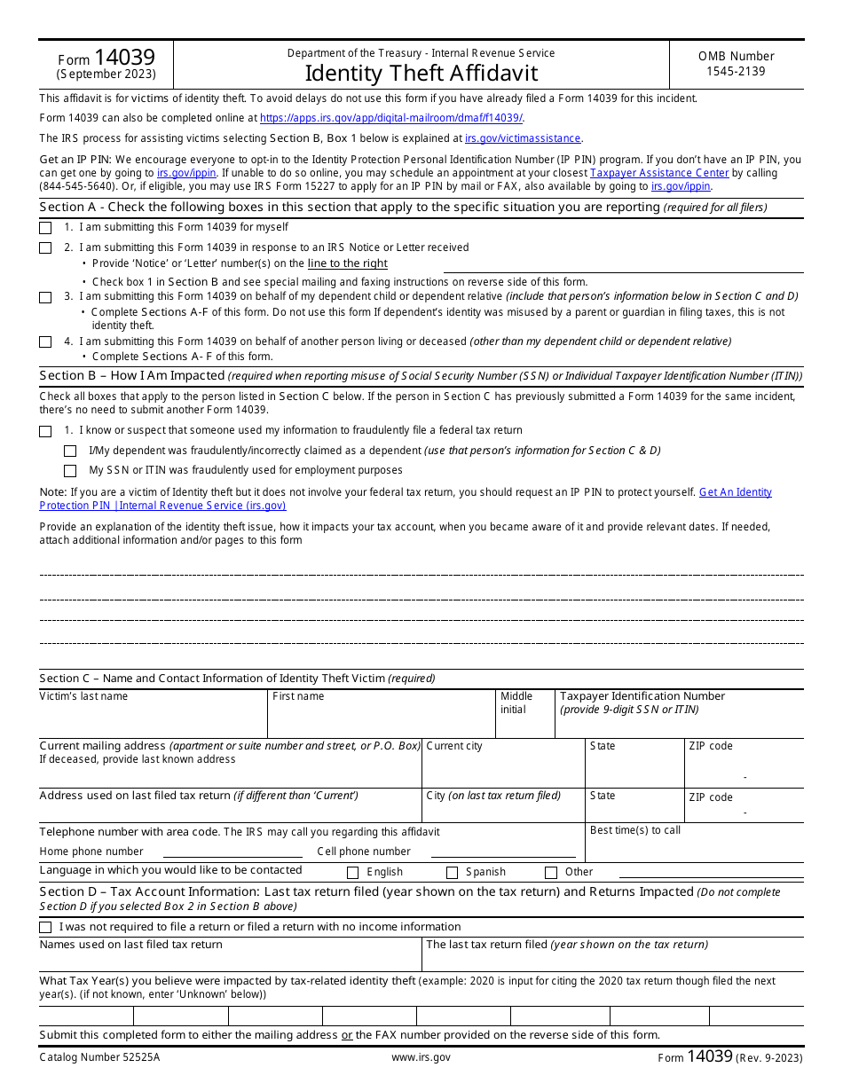 IRS Form 14039 Download Fillable PDF or Fill Online Identity Theft ... IRS Form 14039 Download Fillable PDF or Fill Online Identity Theft ...