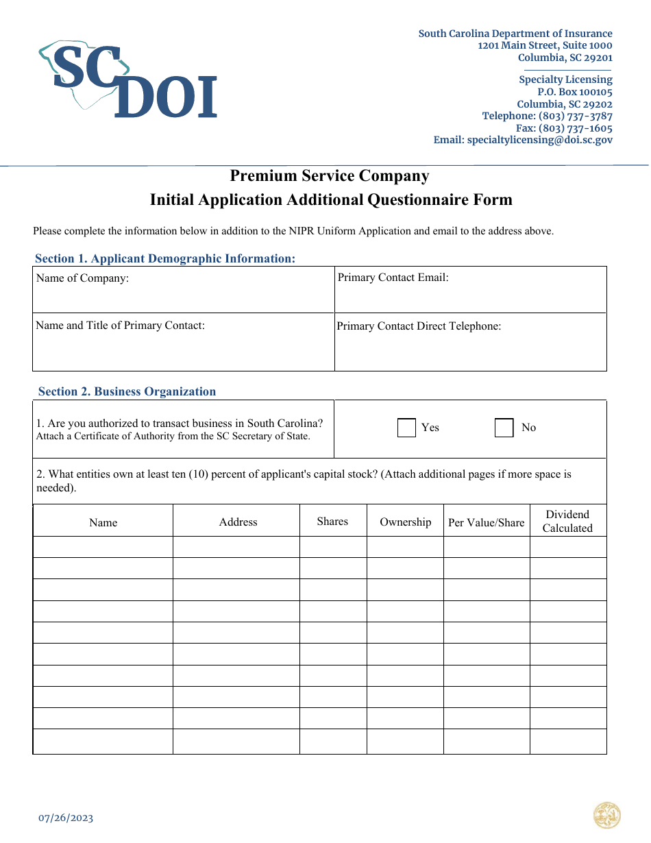 South Carolina Premium Service Company Initial Application Additional ...