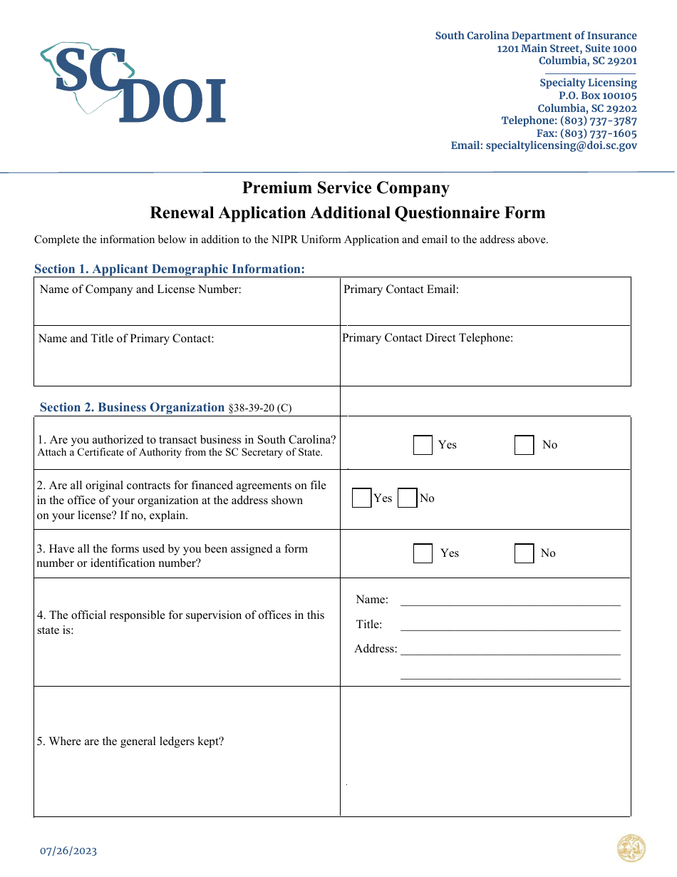 South Carolina Premium Service Company Renewal Application Additional ...