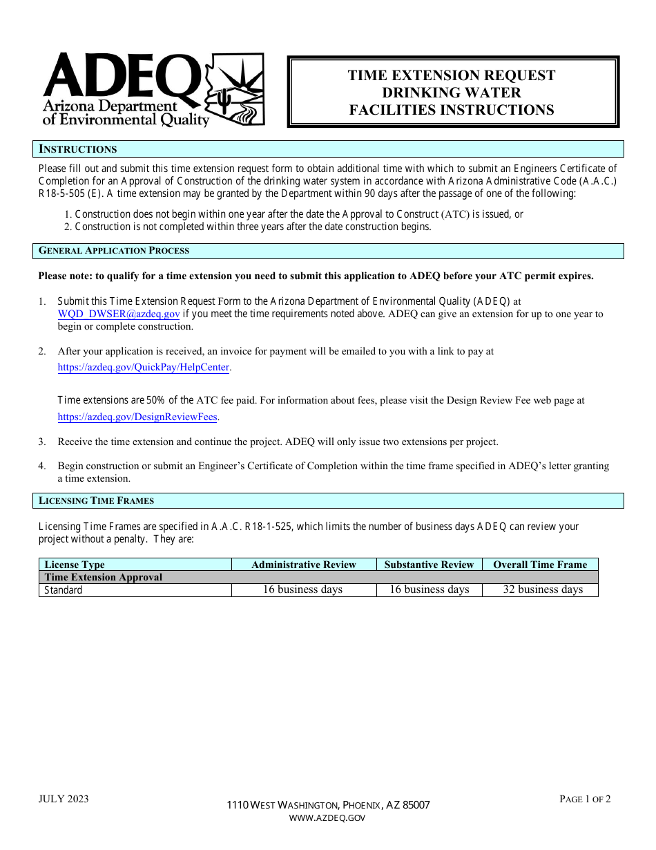 Arizona Time Extension Request - Drinking Water Facilities - Fill Out ...