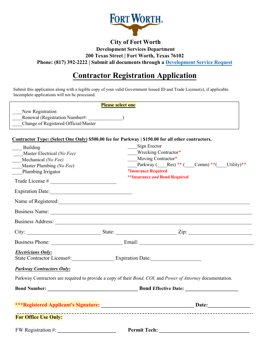 City of Fort Worth, Texas Contractor Registration Application - Fill Out, Sign Online and ...