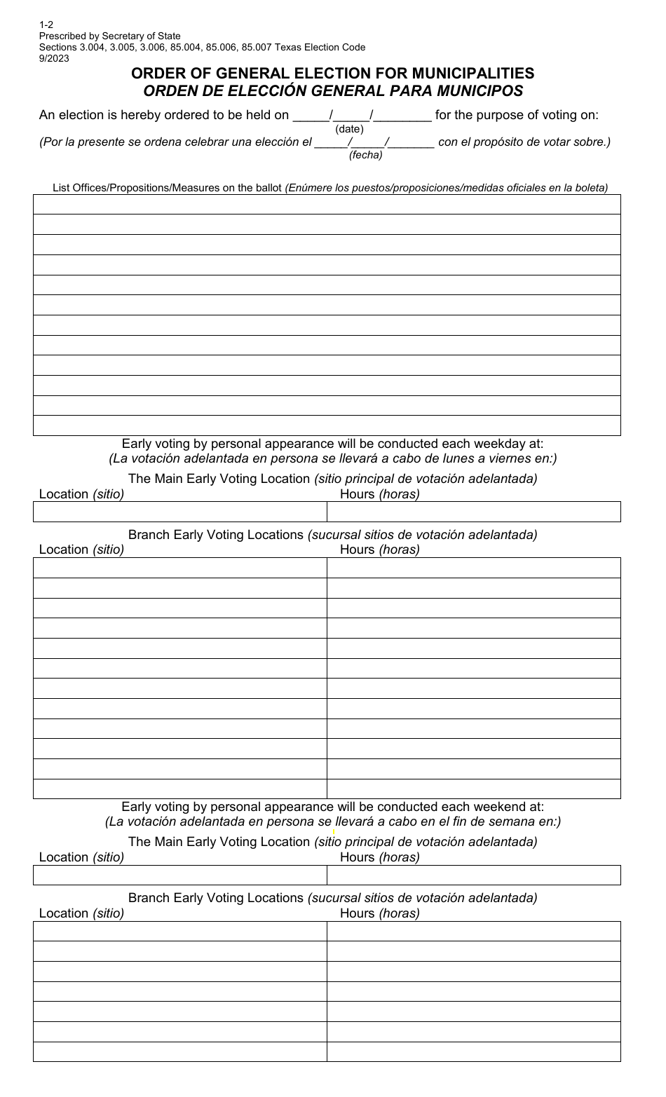 Form 1-2 Download Fillable PDF or Fill Online Order of General Election ...