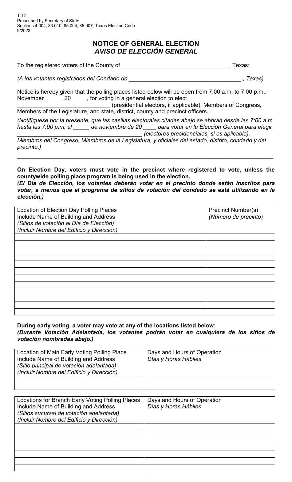Form 1-12 Download Fillable PDF or Fill Online Notice of General ...