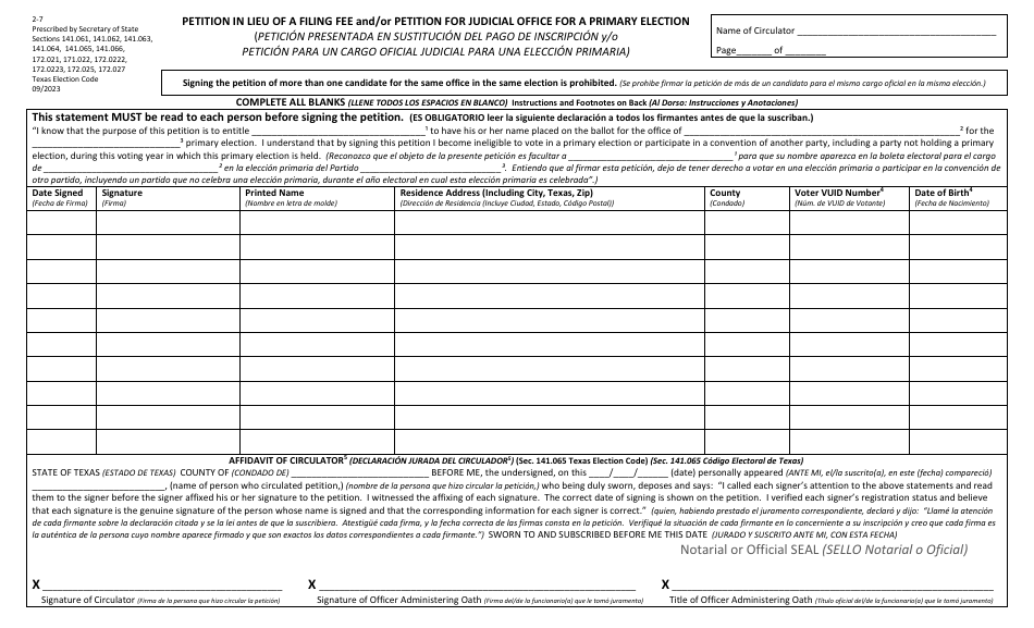 Form 2-7 - Fill Out, Sign Online and Download Printable PDF, Texas ...