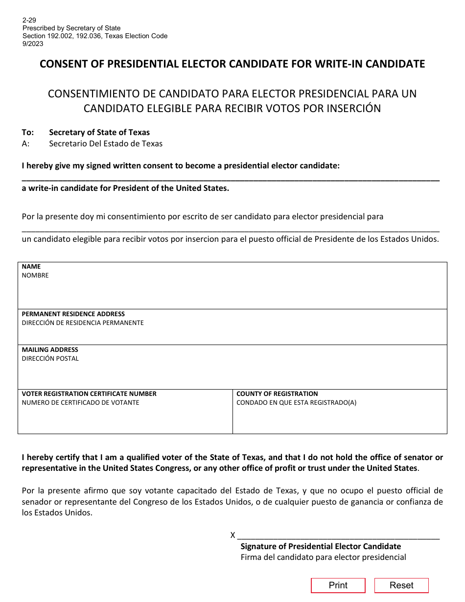 Form 2-29 - Fill Out, Sign Online and Download Fillable PDF, Texas (English/Spanish ...