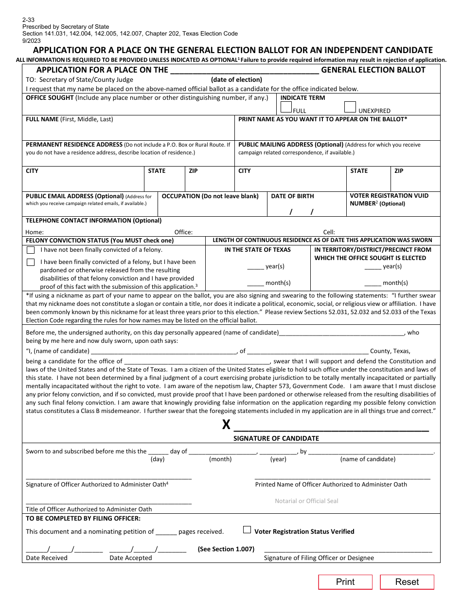 Form 2-33 - Fill Out, Sign Online and Download Fillable PDF, Texas ...