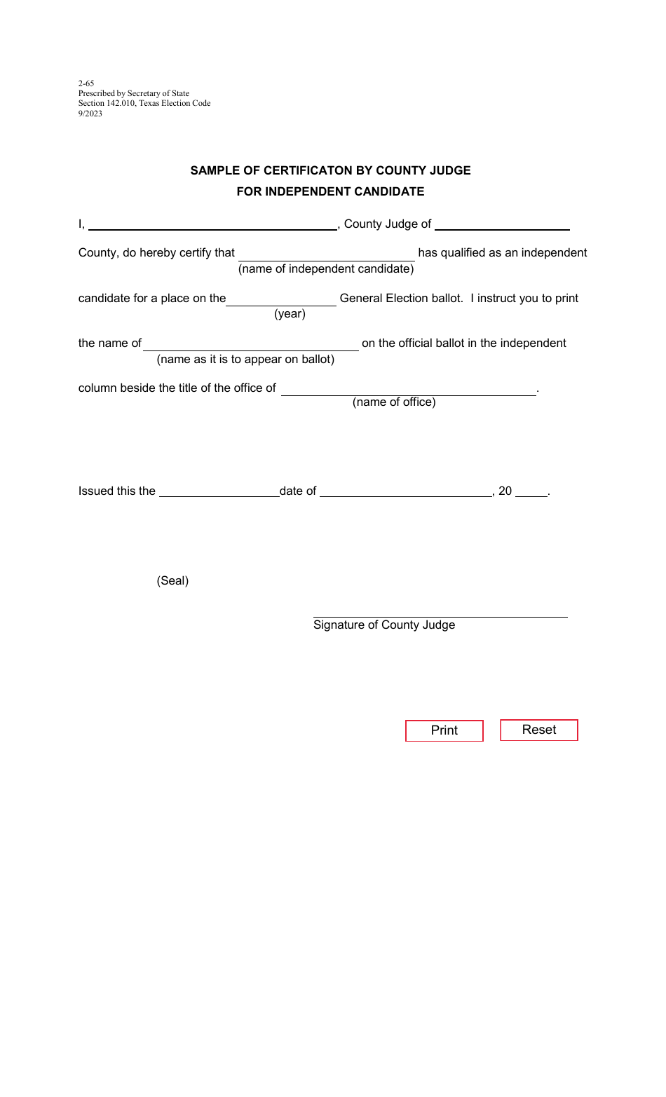 Form 2-65 - Fill Out, Sign Online and Download Fillable PDF, Texas ...
