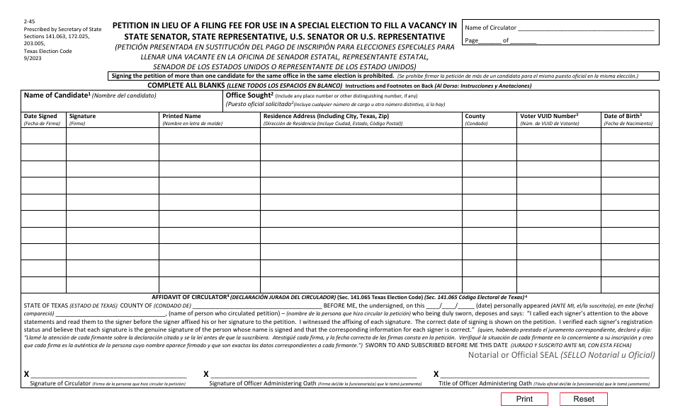 Form 2-45 - Fill Out, Sign Online and Download Fillable PDF, Texas ...