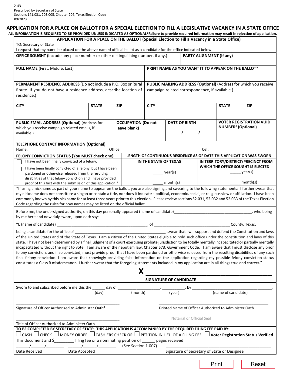 Form 2-43 - Fill Out, Sign Online and Download Fillable PDF, Texas ...