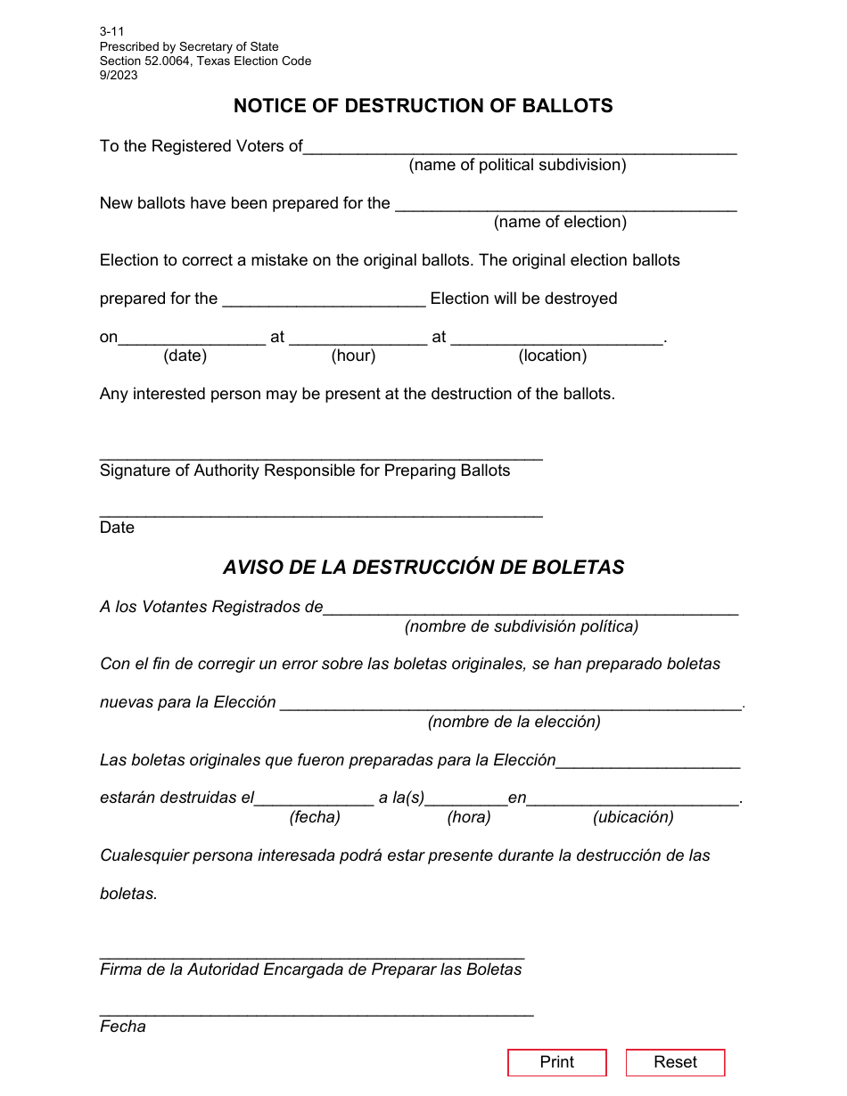 Form 3-11 - Fill Out, Sign Online and Download Fillable PDF, Texas ...