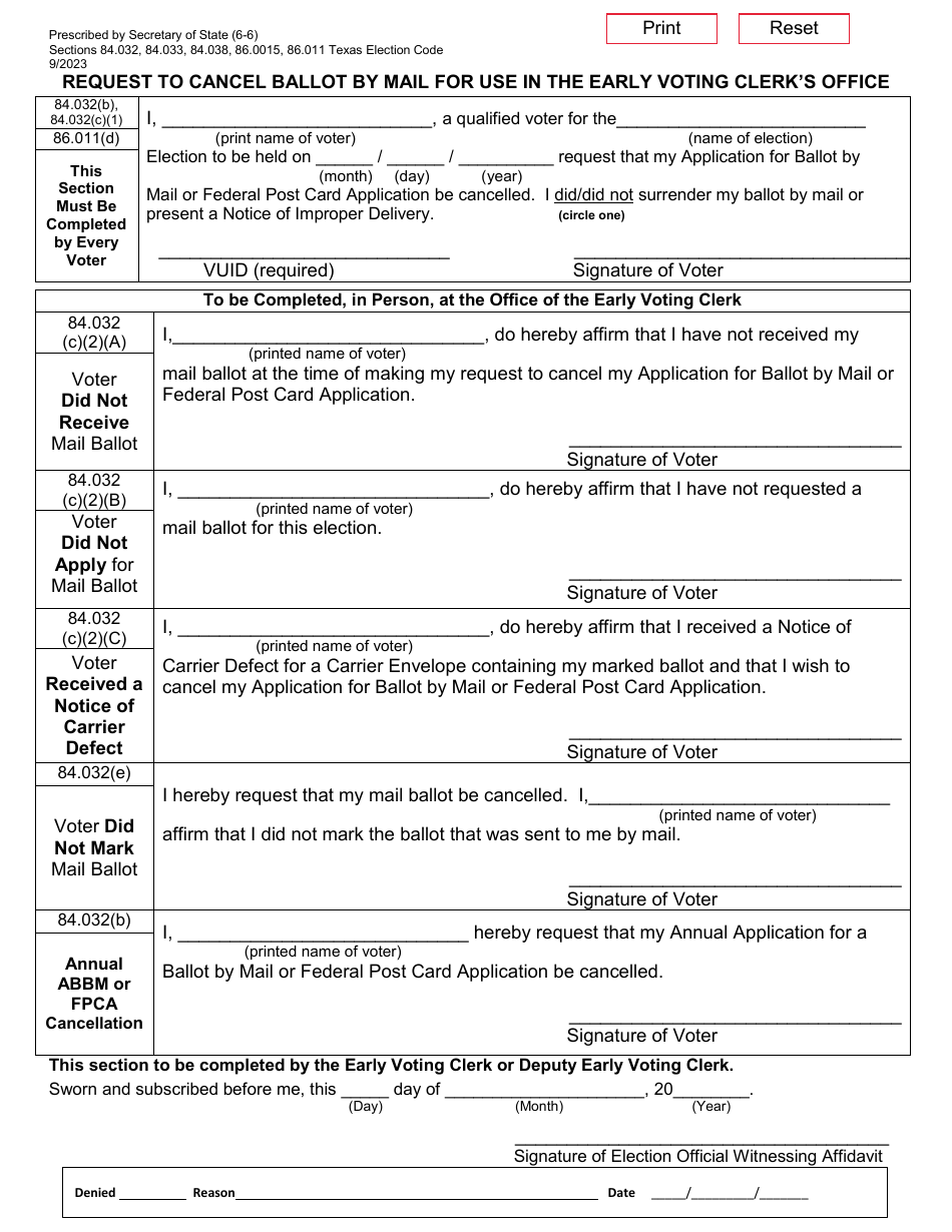 Form 6-6 Download Fillable PDF or Fill Online Request to Cancel Ballot by Mail for Use in the ...