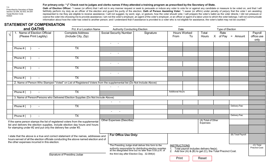 Form 7-3 - Fill Out, Sign Online and Download Fillable PDF, Texas ...