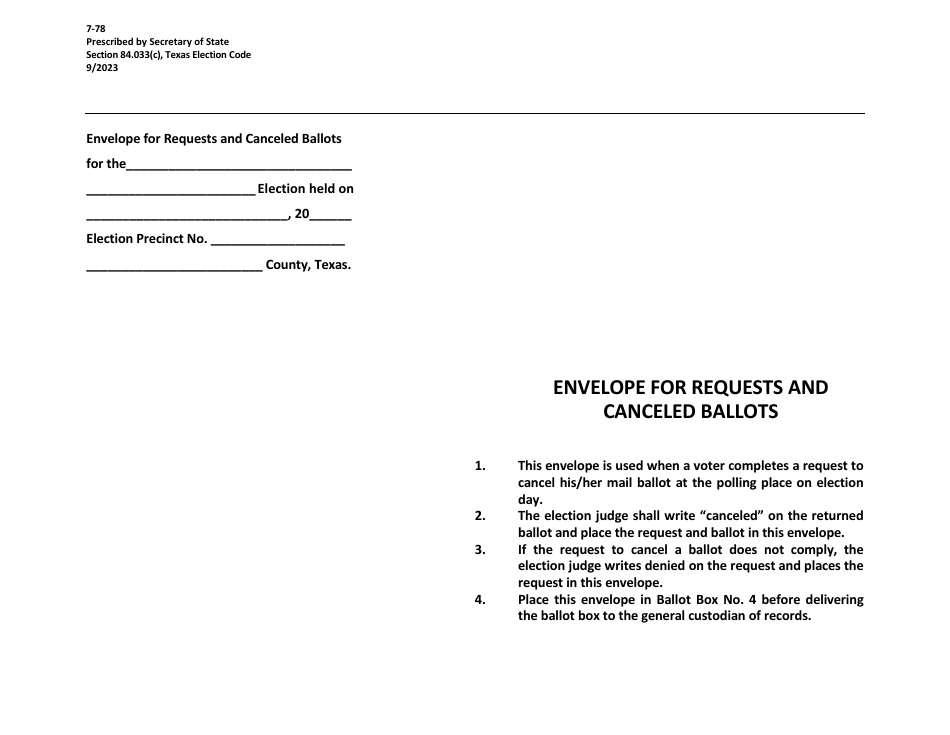 Form 7-78 - Fill Out, Sign Online and Download Printable PDF, Texas ...