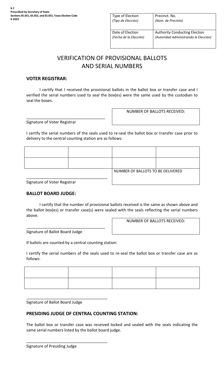 Form 9-7 Download Printable PDF or Fill Online Verification of ...