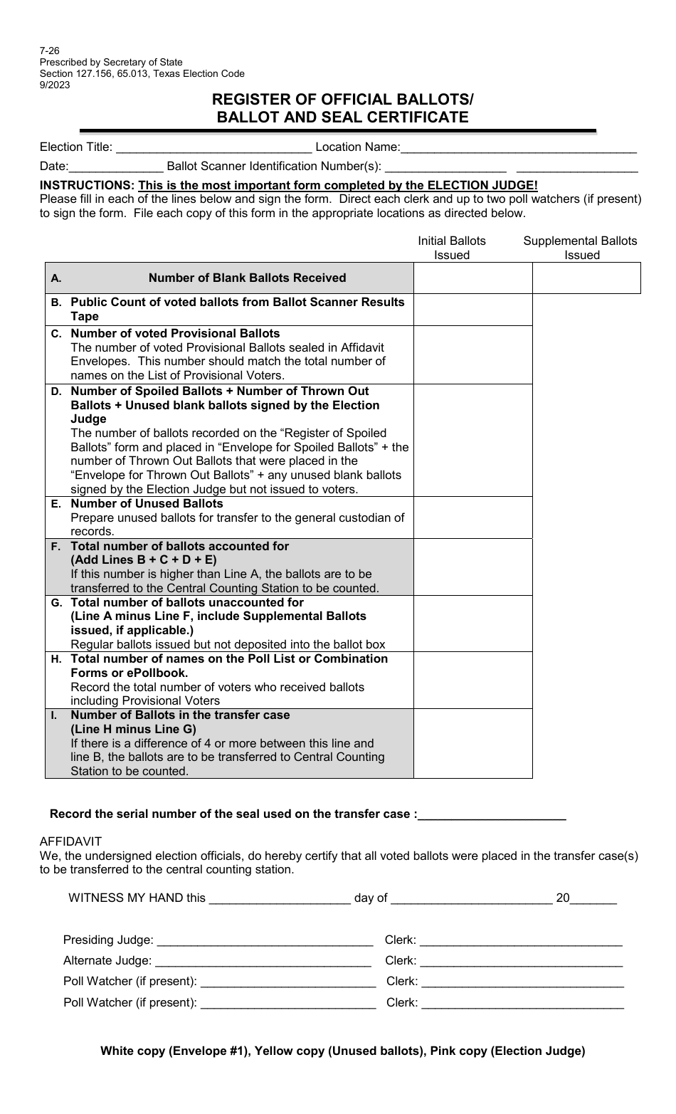 Form 7-26 - Fill Out, Sign Online and Download Printable PDF, Texas ...