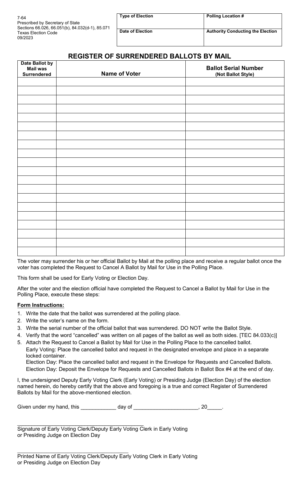 Form 7-64 - Fill Out, Sign Online and Download Printable PDF, Texas ...