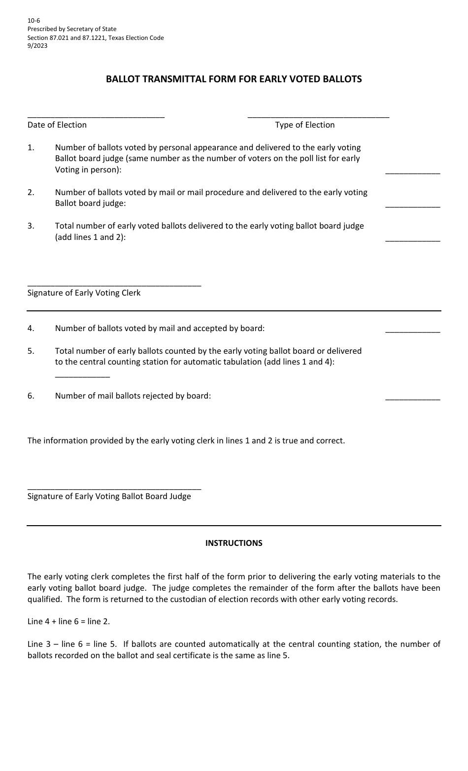 Form 10-6 - Fill Out, Sign Online and Download Printable PDF, Texas ...