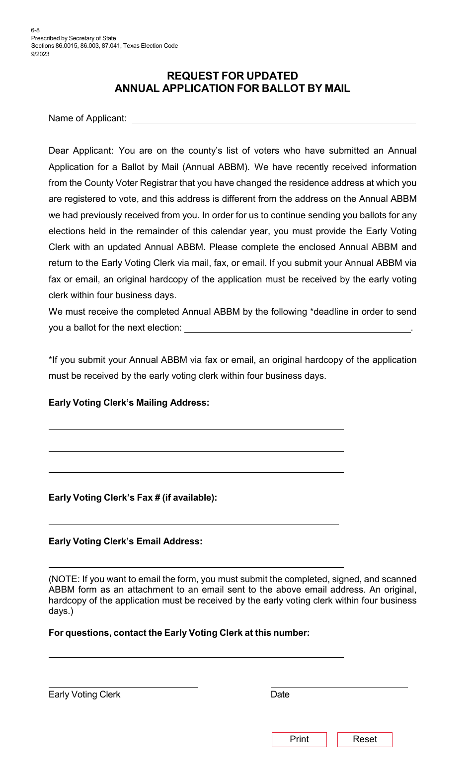 Form 6-8 Download Fillable PDF or Fill Online Request for Updated Annual Application for Ballot ...