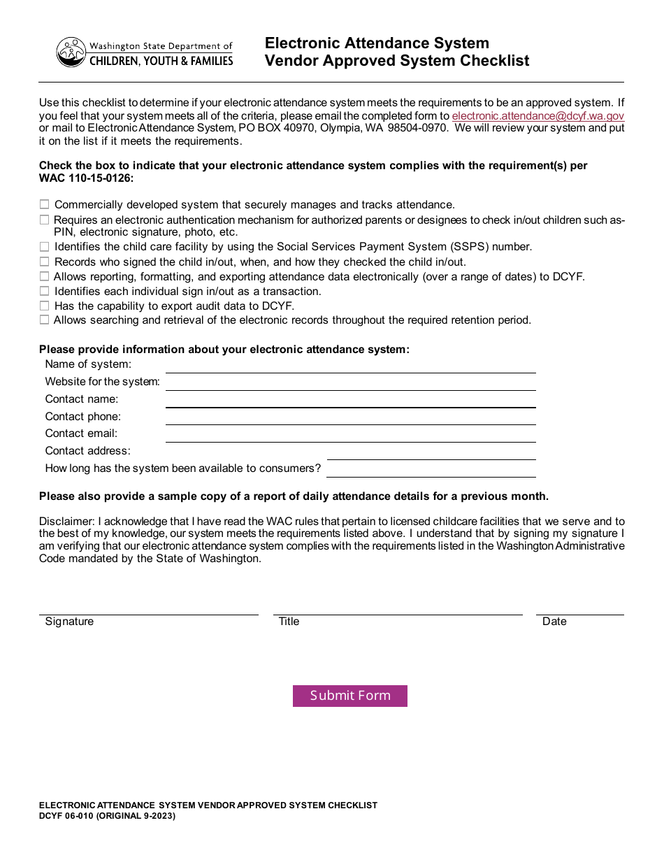 DCYF Form 06-010 - Fill Out, Sign Online and Download Fillable PDF ...