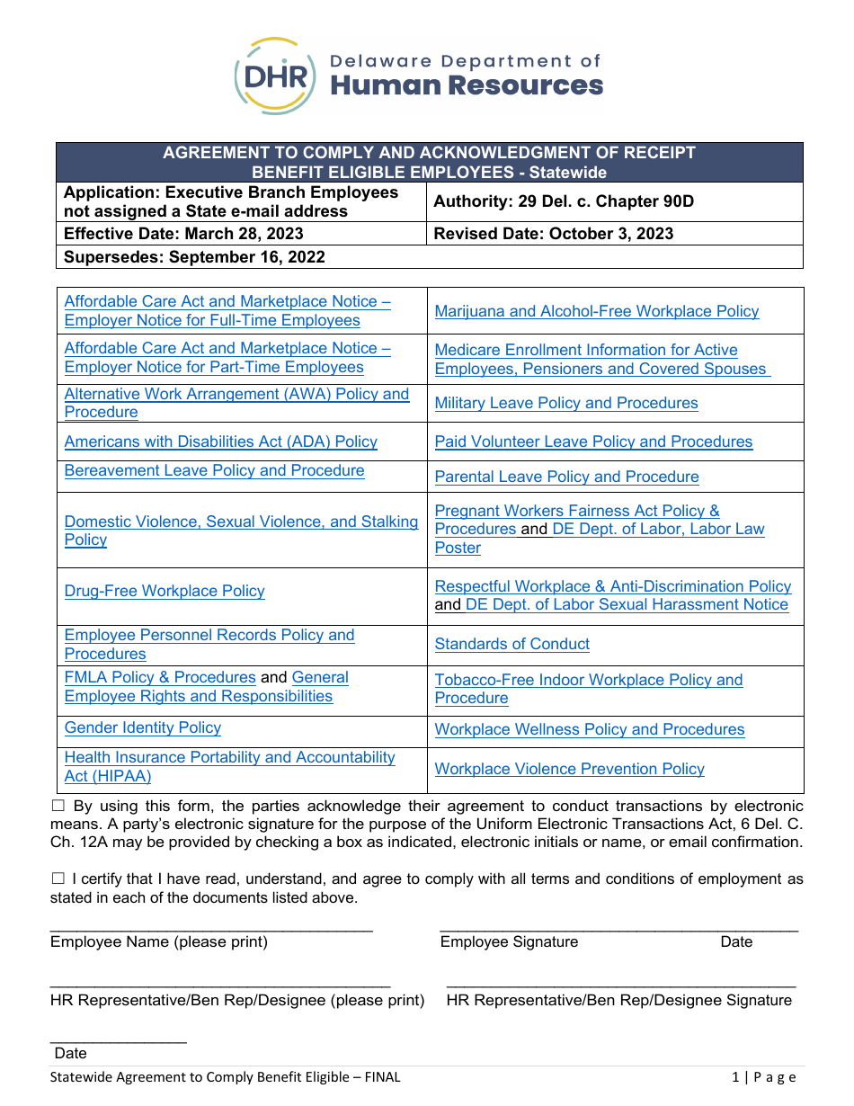 Delaware Agreement to Comply and Acknowledgment of Receipt - Benefit ...